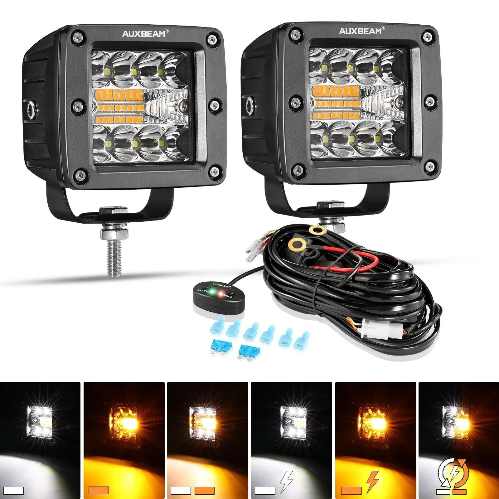 (2pcs/set) 3 inch 6 Modes White&Amber LED Square Light Pod Working Lig ...